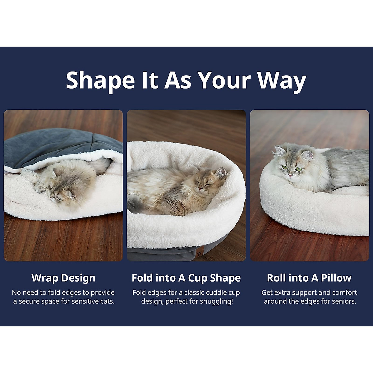 Petace Self Warming Cat Bed, 17.7" x 13.7" Anti-Slip Soft Round Thermal Pet Cushion Bed for Kittens & Small Puppy, Gray