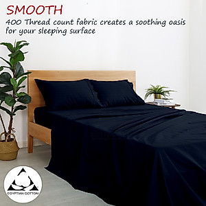400 Thread Count 100% Egyptian Cotton Sheet Set - Olympic Queen Size Sheets Set - 12 inch Deep Pocket of Fitted Sheet - 4 Piece Sheet Set (Navy Blue Stripe - Olympic Queen 12 inch Deep Pocket Sheets)