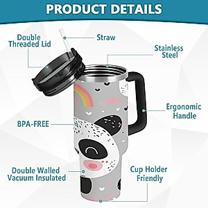 FRCSDIY Rainbow Panda Insulated Tumbler with Handle and Straw Lid,30oz Leakproof Stainless Steel Cup BPA-Free Water Bottle