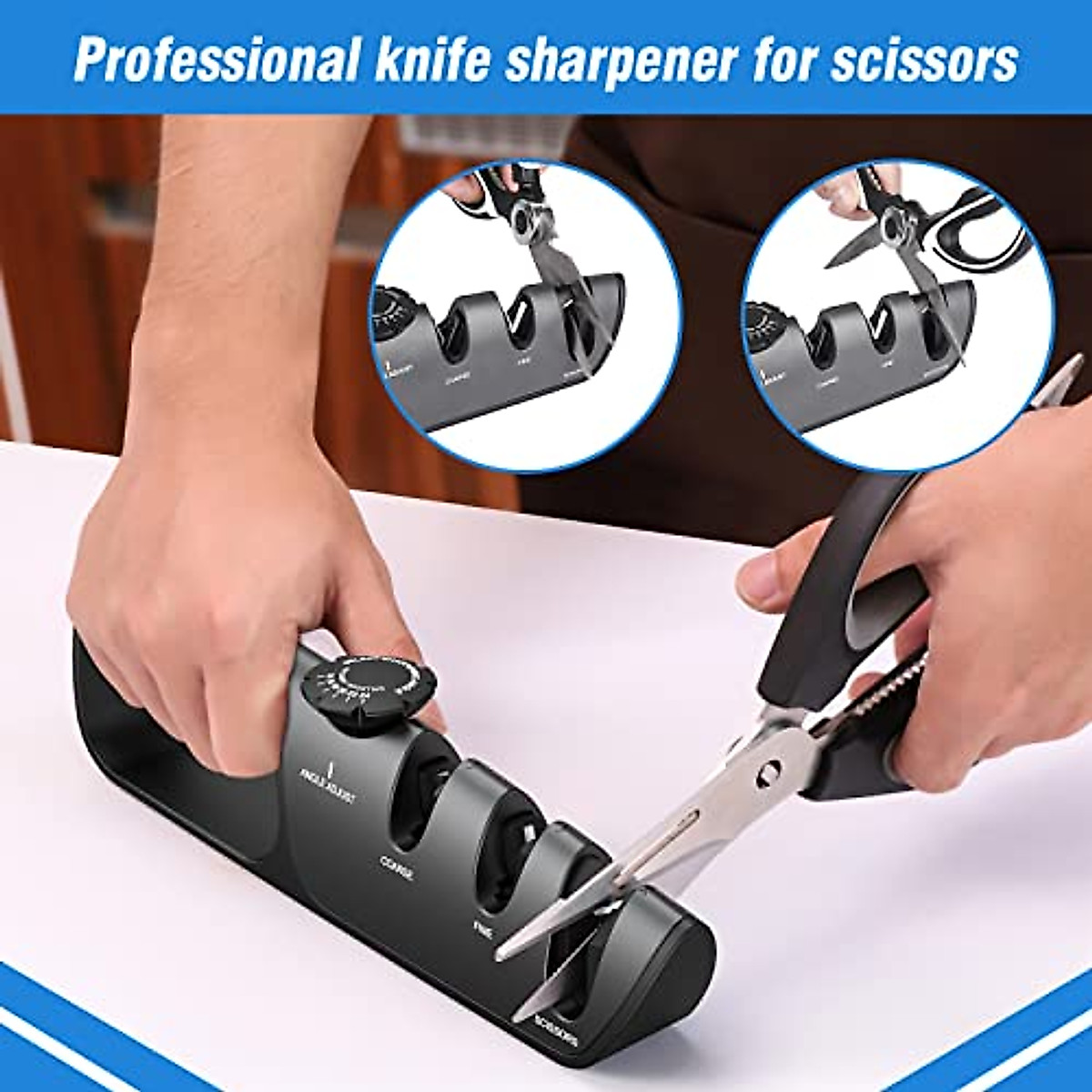 Homly Knife Sharpeners with Adjustable Angle Knob, Multifunctional 3-Stage Sharpening, Polishing Kitchen Knife Sharpeners, Professional Knife Sharpeners with tungsten alloy, ceramic and diamond slots