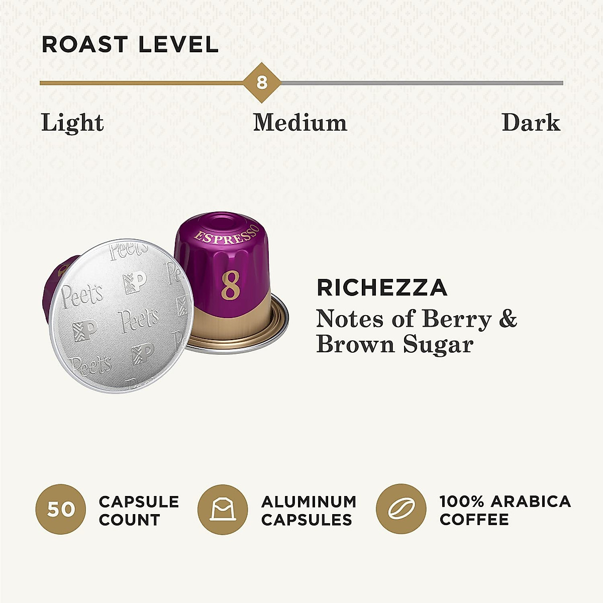 Peet's Coffee, Medium Roast Espresso Capsules, Compatible with Nespresso Original Machine - Ricchezza Intensity 8, 50 Count (5 Boxes of 10 Espresso Capsules)