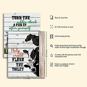 MTL HOE Funny Cow Rustic Bathroom Decor Art Print, Farmhouse Bathroom Cow Pictures Signwall Decor Posters Farm Bathroom Decor, Cow Kitchen Decor Cow Print Bathroom Decor Set of 4 (8X10in Unframed)