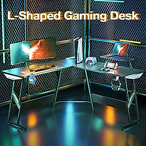 MOTPK L Shaped Gaming Desk, 51 Inch Gaming Computer Desk with Carbon Fiber Texture, Gaming Table with Monitor Stand, Gamer Desk with Cup Holder and Headphone Hook, L Desk for Gaming, Black