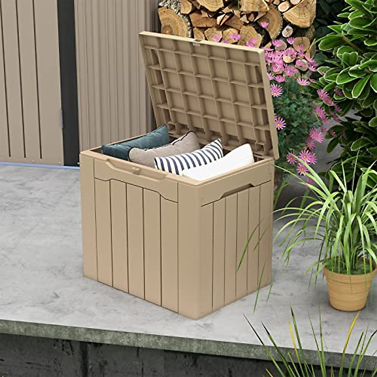 Patiowell 30 Gallon Resin Deck Box, Outdoor Storage Box for Patio Furniture, Deliveries, Pool Supplies,Waterproof and Lockable, Light Borwn