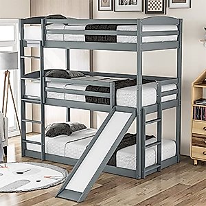 Harper & Bright Designs Triple Bunk Bed with Slide, Twin-Over-Twin-Over-Twin Triple Bed Frame with Built-in Ladder and Guardrails for Kids (Gray)