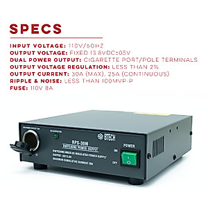 BTECH RPS-30M 30 Amp Compact Regulated Bench Power Supply - 13.8V AC-to-DC Converter with Screw Terminals & Cigarette Plug Output