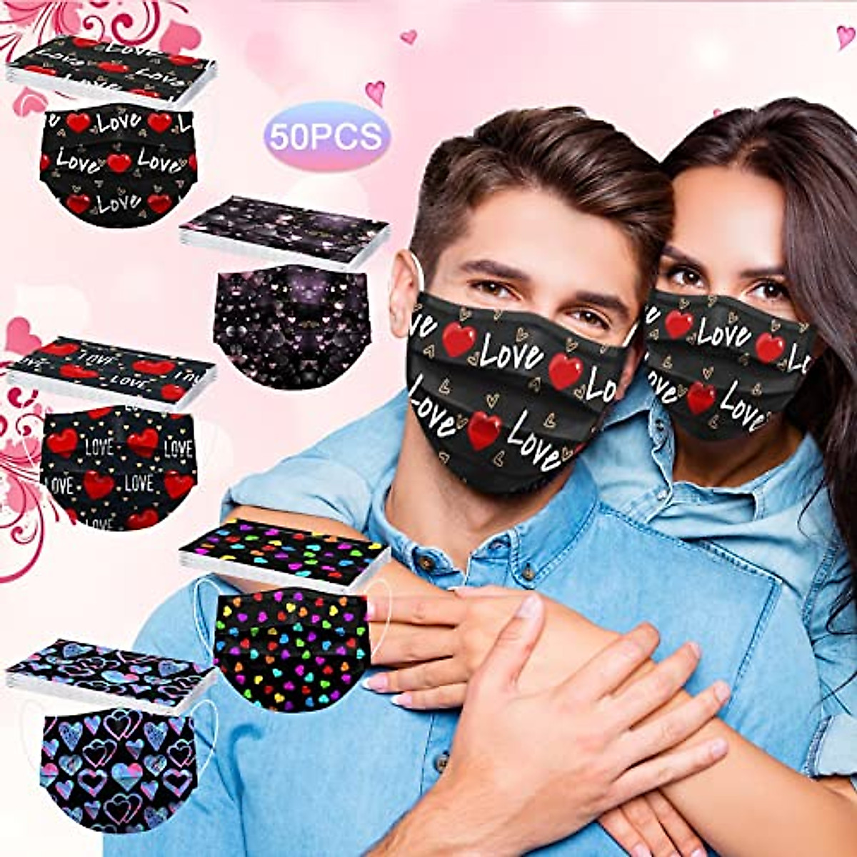 50Pcs Valentines Disposable Masks for Women Valentines Day Adult Disposable Couple Covering Love Valentine's Day Mask