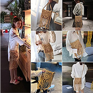 Nice Pies Women's Beach Straw Handbag Woven Tote Fishing Net Beach Bag Large Capacity Mesh Rope Combination Handbag (Khaki)