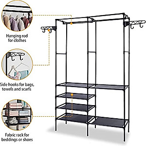 KOCASO Clothes Garment Rack 42.1"x14"x66.1", Metal Clothing Rack, Freestanding Wardrobe Closet Rack with 4 Shelves, Closet Organizer with 2 Hanging Rods Black