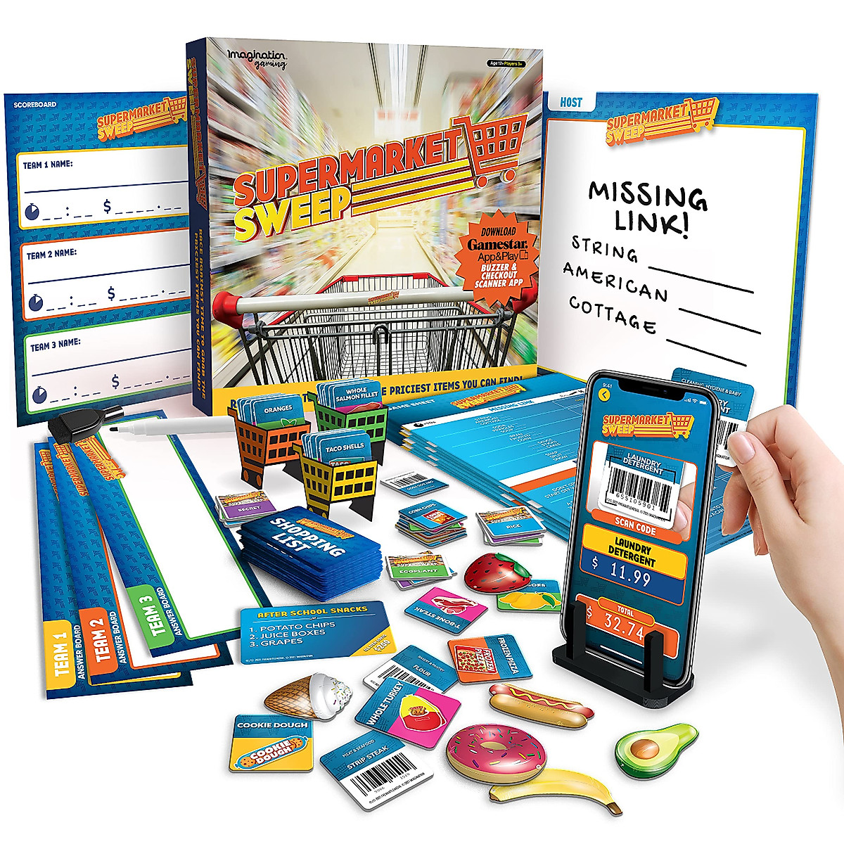 Supermarket Sweep Game, Race Against Time, Grab The Priciest Products to Win, Question Categories from TV Show, Aisle of Champions, On Your Carts, Get Set, Go, Ages 12+