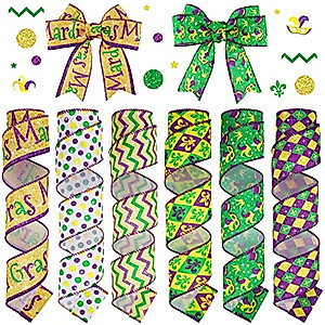 6 Rolls 30 Yard Mardi Gras Wired Edge Ribbon Purple Green Stripe Ribbon Bows for Wreath, Colorful Mask Plaid Grid Ribbons Mardi Gras Decorations for Party Gift Wrapping Wreaths DIY Home Decor 2 Inches