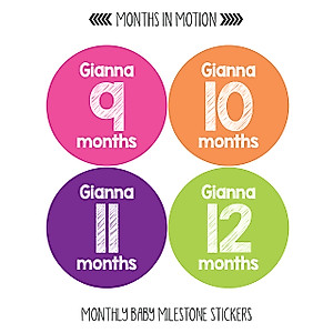 Personalized Baby Girl Monthly Milestone Stickers for First Year | Custom Set of 24 Name Labels for Shower Gift | Bright Colorful