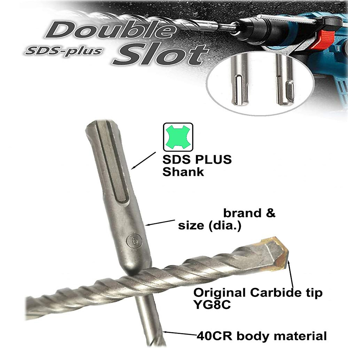 SDS Plus Rotary Hammer Drill Bit 1/4 in. x 6 in. Masonry Concrete Rock Drill-5Pcs