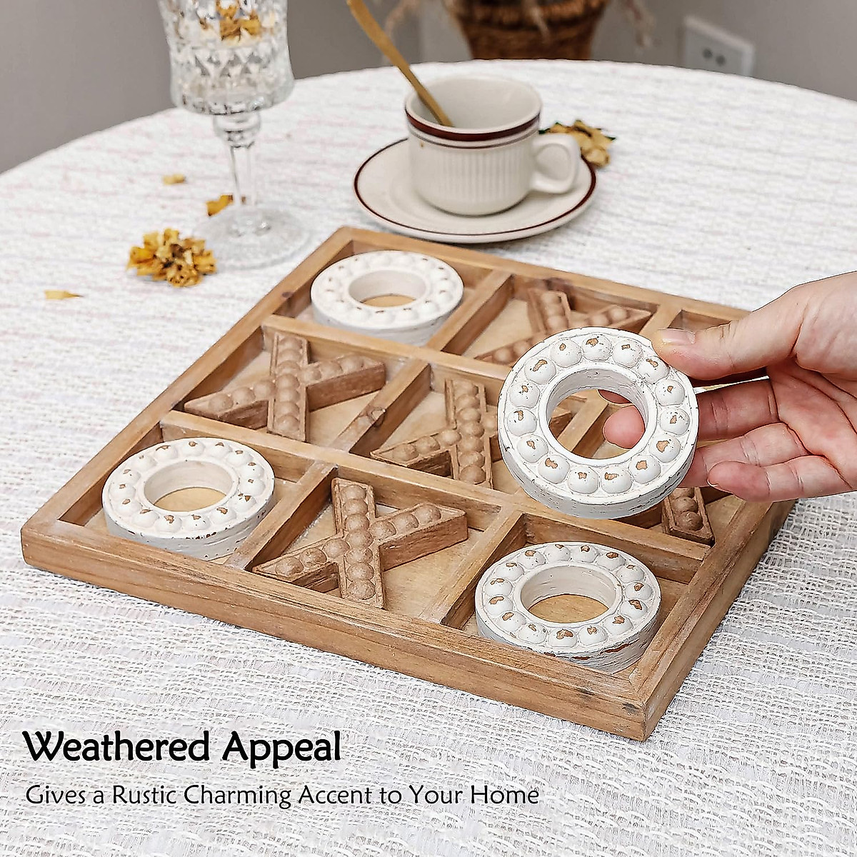 NIKKY HOME Tic Tac Toe Game Coffee Table Decor, 10.6 Inch Rustic Wooden Board, Wood & White