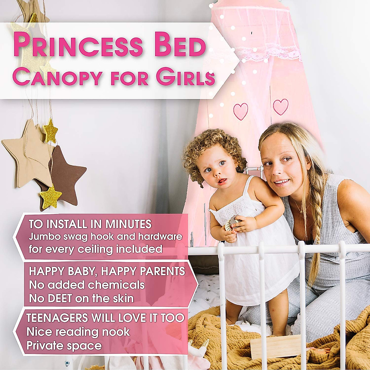 EVEN NATURALS - Princess Bed Canopy for Girls | Pink Room Decor with Lace Dome & Hearts, Easy Hanging System, Mosquito Net for Bed Crib to Twin Size Girls | Canopy Bed Curtains, Reading Nook for Kids