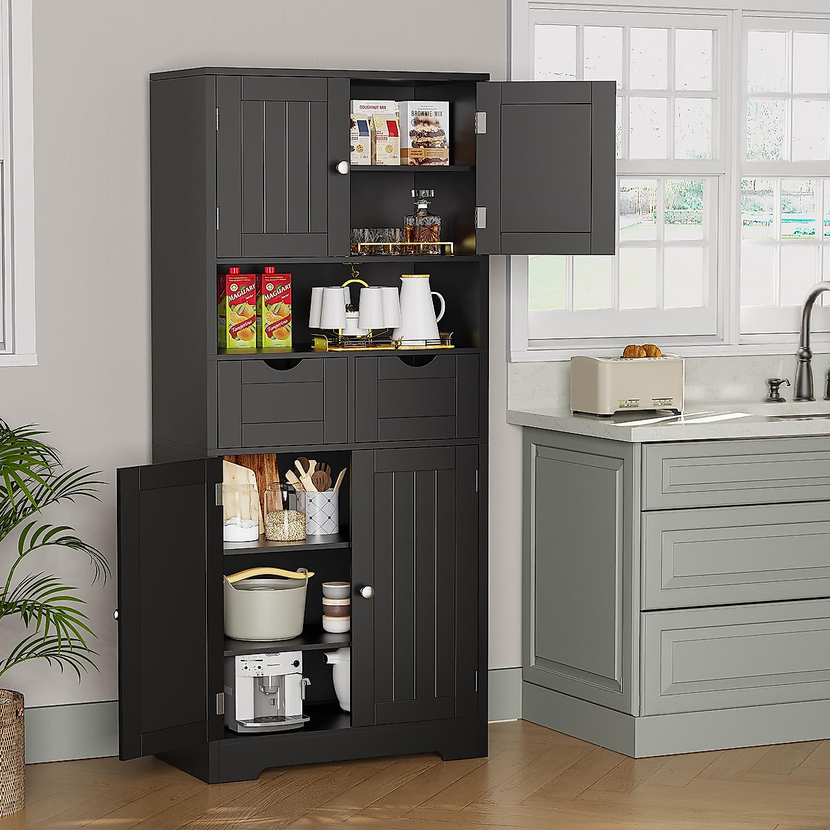 Iwell Tall Storage Cabinet with Adjustable Shelf, Bathroom Cabinet with 2 Drawers, Linen Cabinet for Living Room, Black