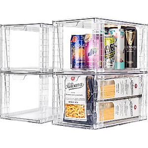 4Pack Large Stackable Kitchen Storage Drawers, Clear Foods Organizer Bins with Handles, Easily Assemble for Bathroom, Kitchen, Pantry, Cabinet, Closet(XL-UP Handle)