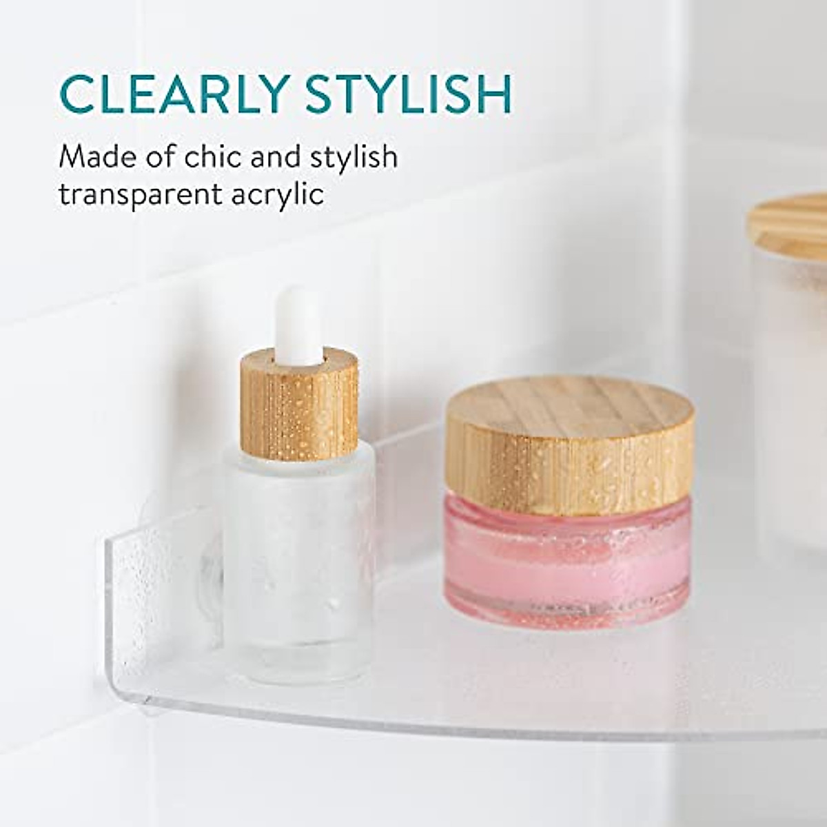 Navaris Acrylic Corner Shower Shelves - Set of 2 - No Drilling Clear Bathroom Shelves - Self Adhesive Wall Mounted Transparent Corner Shelf - 2-Pack