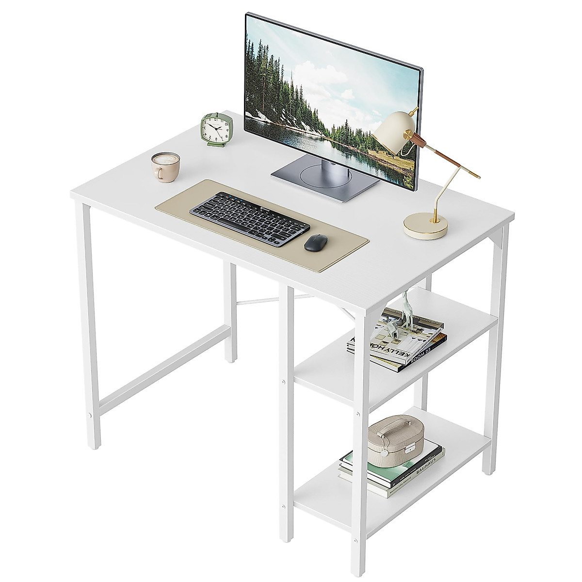CubiCubi Small Computer Desk, 35 Inch Home Office Desk with Storage Shelves, Study Writing Desk, White