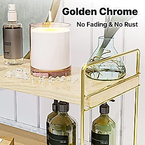 BENOLDY, Gold Metal 3 Tier Varnished Waterproof Wooden Stand, Multipurpose Organizer for Bathroom, Bedroom, Kitchen Countertop, Spice Rack, Coffee Station, Cup Holder, Tea Box Organizer