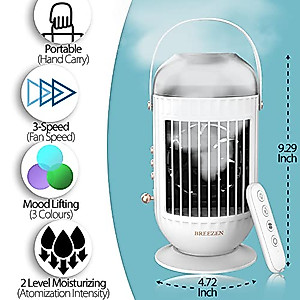 Portable Air Conditioner Fan- BREEZEN 3 Speed Personal Evaporative Air Cooler with Remote Controller and 3 Colours LED Night Light- Quiet Air Humidifier Leakproof Misting Fan for Home, Desk, Office, Bedroom, Car and Camping Tent.