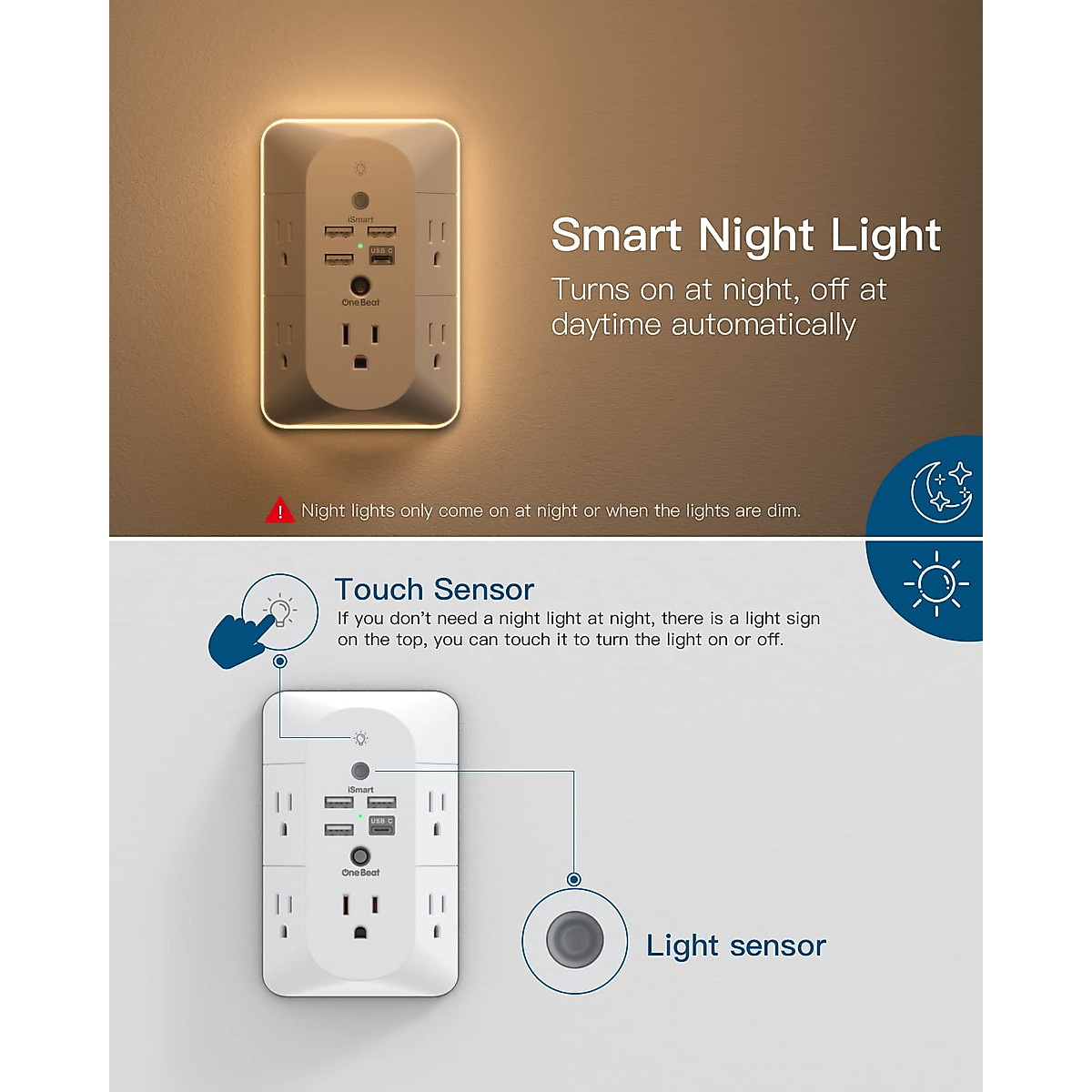 Outlet Extender with Night Light, Surge Protector, Power Strip, 5 Outlet Splitter (3 Side) and 4 USB Charger(1 USB C), USB Wall Charger, Multi Plug Outlets for Home, Office, Dorm Room Essentials