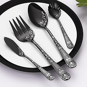 EUIRIO 89-Piece Black Silverware Set with Serving Utensils, Black Flatware Set for 14, Stainless Steel Mirror Cutlery Set, Spoons Forks Knives with Unique Floral Laser, Tableware Set, Dishwasher Safe