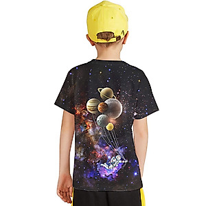 Linnhoy Boys Shirts Girls Shirts Casual Short Sleeve T-Shirt 3D Galaxy Printed Planet Graphic Tees for Kids Unisex Novelty Space Tops 8-10 Years