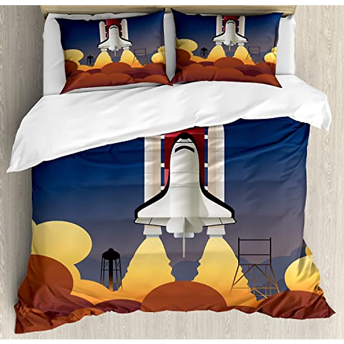 Lunarable Shuttle Duvet Cover Sets, Pattern of Spaceship Launching Far into Space, Bedding Set with 2 Duvet Covers & 4 Pillowcases, 2 Pack Queen Size, Night Blue Multicolor
