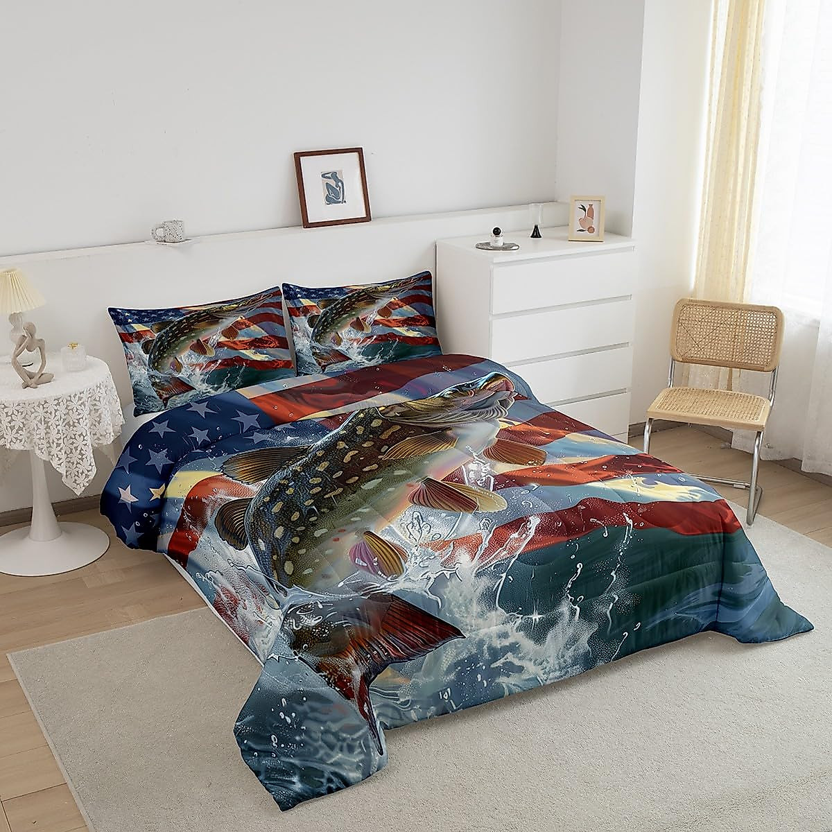 Feelyou American Flag Big Pike Fish Comforter Set Bass Big Fish Bedding Set for Kids Boys Girls Hunting Fishing Comforter Soft Quilt Set Twin Size