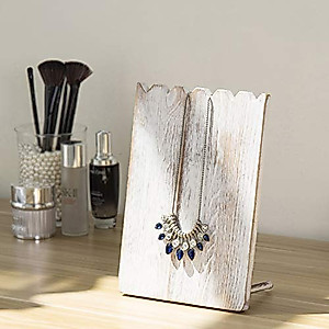 MyGift Whitewashed Wood Necklace Holder Stand, Adjustable Length Necklace Bracelet Jewelry Organizer Display Stand - Holds up to 3 Necklaces