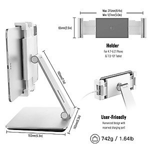 Tablet Stand, Adjustable Heavy Duty Aluminum Phone Stand, 360° Swivel Foldable Holder for iPad, Samsung Tab, Kindle (4.7-13"), Design for Desk Kitchen Bedside Office (Silver)