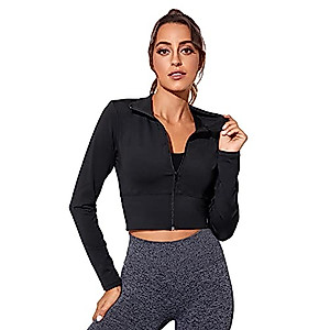SOLY HUX Women's Lightweight Full Zip Athletic Long Sleeve Crop Running Workout Yoga Sportwear Jacket Black S