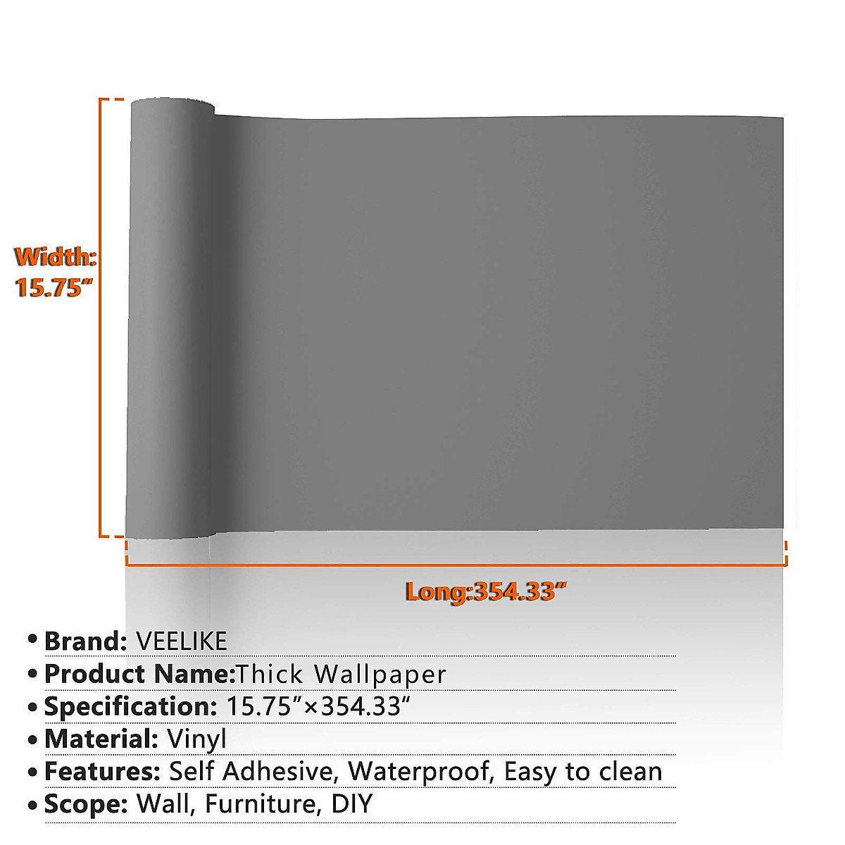VEELIKE 15.7''x354'' Thick Grey Wallpaper Peel and Stick for Bedroom Bathroom Kitchen Self Adhesive Grey Contact Paper for Cabinets Walls Countertops Waterproof Removable Wallpaper for Living Room
