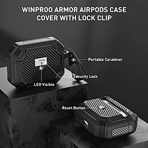 Winproo Armor Airpods Pro Case Cover with Lock Clip, Military Hard Shell Full-Body Shockproof Protective Case Skin with Keychain for Airpods Pro (Black)