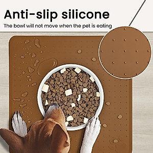 Ptlom Pet Placemat for Dog and Cat, Waterproof Non-Slip Dogs Bowl Mat Prevent Food and Water Overflow, Puppy Dish Feeding Mats Suitable for Medium and Small Pets, Silicone (13" *13", Brown)