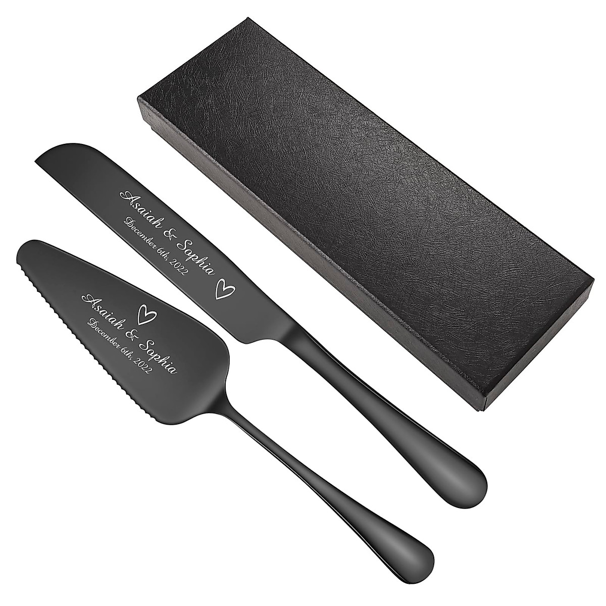 Atdesk Personalized Cake Cutting Set for Wedding, Stainless Steel Cake Knife and Server Set, Cake Cutter and Pie Server for Wedding, Birthday, Anniversary, Graduation Gift (Black)