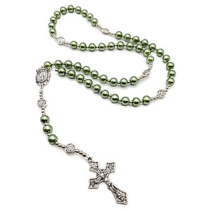 Nazareth Store Green Beads Rosary Necklace Catholic Pearl Beads Rosary with Miraculous Medal and Cross Crucifix
