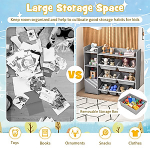 Costzon Kids Toy Storage Organizer, 4-Tier Kids Bookshelf with 8 Toy Organizer Bins, Montessori Shelf with Large Cabinet, Toddler Book Shelf, Children Bookcase for Playroom, Nursery, Daycare (Grey)