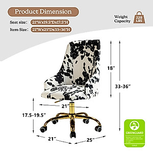 HULALA HOME Upholstered Desk Chair Modern Armless Office Chair with Wheels, Adjustable Swivel Fabric Task Chair for Living Room, Bedroom, Vanity Room(Gold Base, Black)