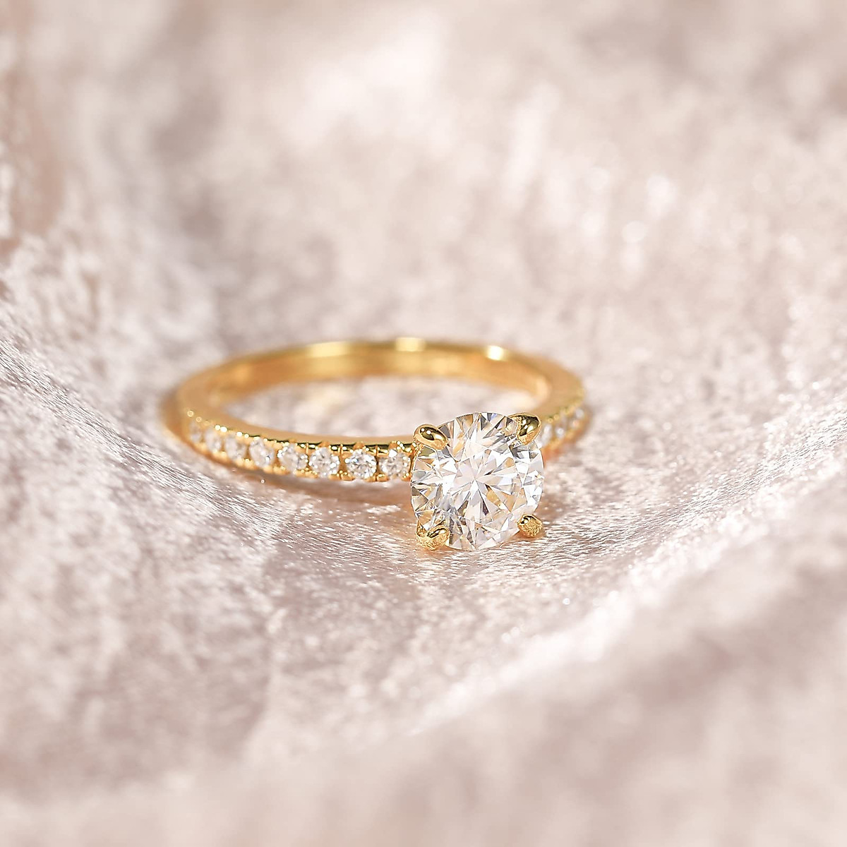 EAMTI 925 Sterling Silver 1.25 CT Yellow Gold Round Solitaire CZ Engagement Ring Halo Promise Wedding Ring Size 6