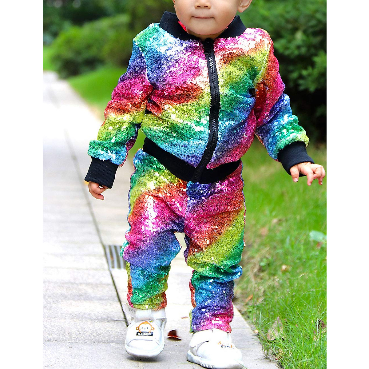 Cilucu Kids Jackets Girls Boys Sequin Zipper Coat Jacket for Toddler Birthday Christmas Clothes Long Sleeve hoodie Rainbow Black 7-8years