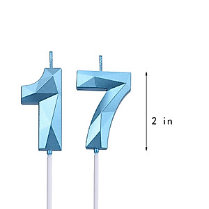 2 inch Blue 17 & 71 Birthday Candles, 3D Diamond Number 17th & 71st Cake Topper for Boys Girls Birthday Party Decorations Theme Party