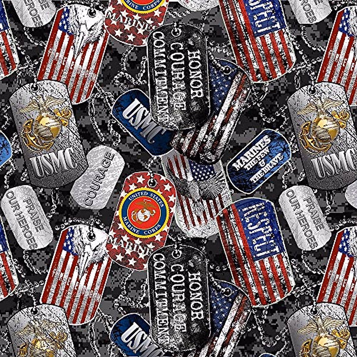 United States Military US Marines USMC Cotton Fabric with Dog Tags and Digi Camo Ground Design-Sold by The Full Yard