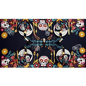 YiHomer Day of The Dead Halloween Tabletop - Dia De Los Muertos Floral Skeleton Mask, Cinco De Mayo Mexican Fiesta Party Home Kitchen Dining Room Decor, Sugar Skull, Tablecloth, 52 x 52 Square