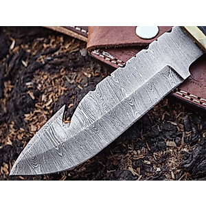 Custom Handmade Hunting Knife gut hook Skinner Fixed Blade Knife Damascus Steel 10'' Overall With Sheath
