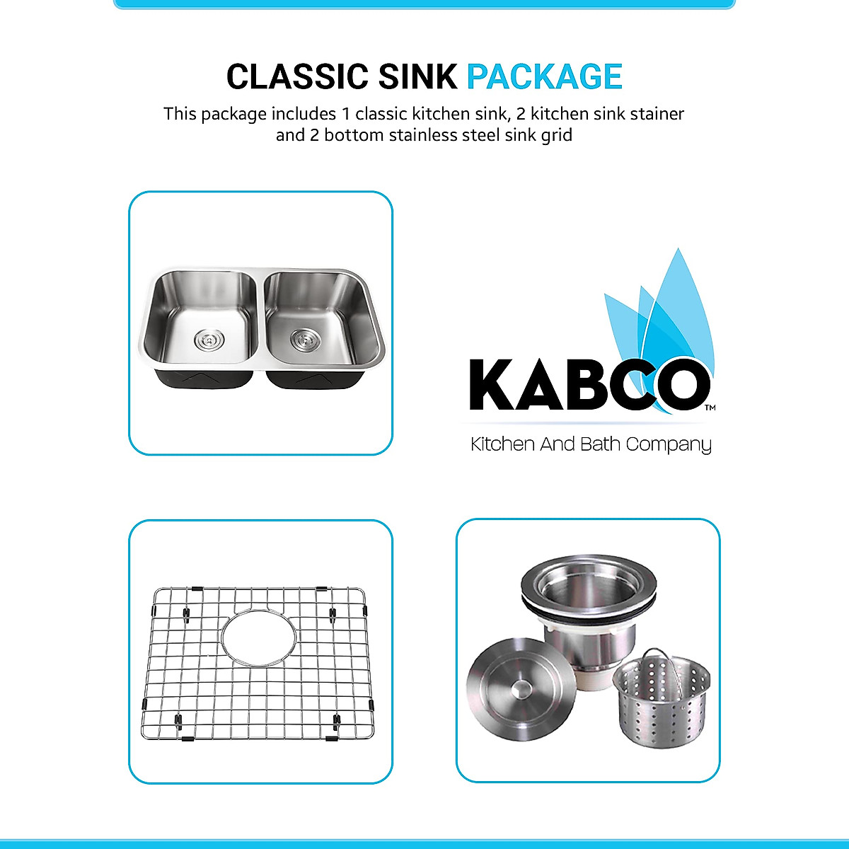 KABCO 32 Inch Swirl Finish Stainless Steel Classic Kitchen Sink, Sound and Heat Proof Double Equal Bowl Undermount Sink with Kitchen Sink Strainers, Removable Garbage Baskets and Sink Grids