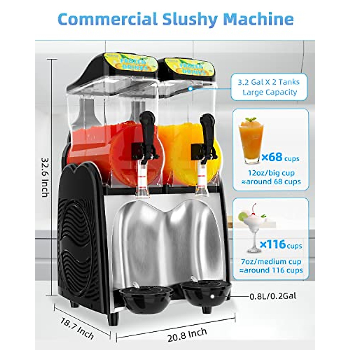 GSEICE Commercial Slushy Machine, 3.2 Gals X 2 Tanks Margarita Machine 110V Slushy Maker Machine for Slush, Frozen Margarita, Frozen Drink Machine for Restaurants Bars Pool Parties