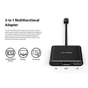 XPPen USB-C Hub 3 in 1 Type C to USB/HDMI/PD for Artist 12, Artist 12 Pro, Artist 13.3, Artist 13.3 Pro, Artist 15.6 and Artist 15.6 Pro