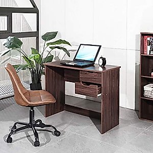 Computer Desk, 35.4'' Writing Gaming Desk Modern Simple Style PC Table with 2 Drawers & Solid Construction, Rustic Industrial Workstation Easy to Assemble & Care Home Office Furniture, Walnut